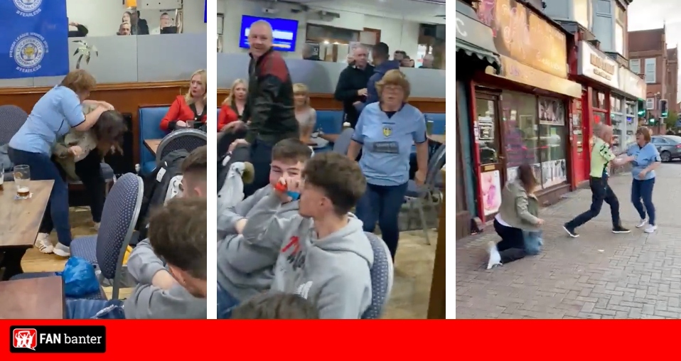 Two female Leeds and Leicester fans in hilarious scrap at pub pre-match ...