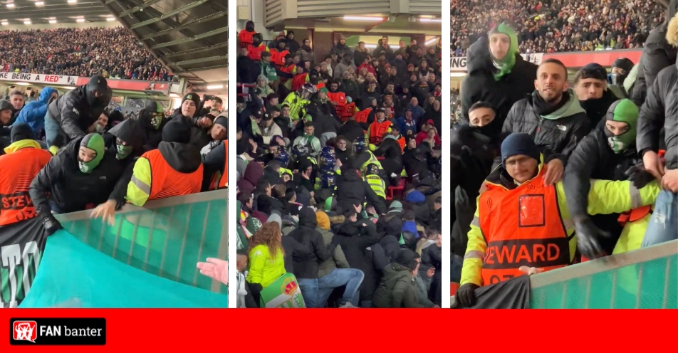 Real Betis fans clash with police at Man Utd, chairs thrown and ...