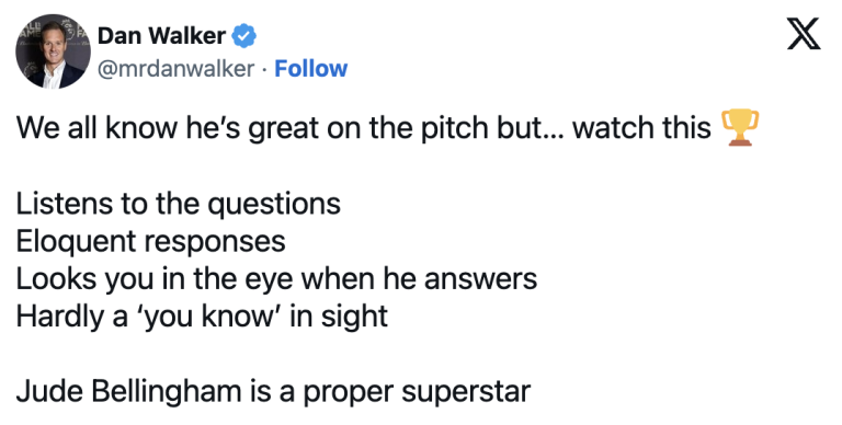 Jude Bellingham earns high praise over eloquent post-match interview as ...