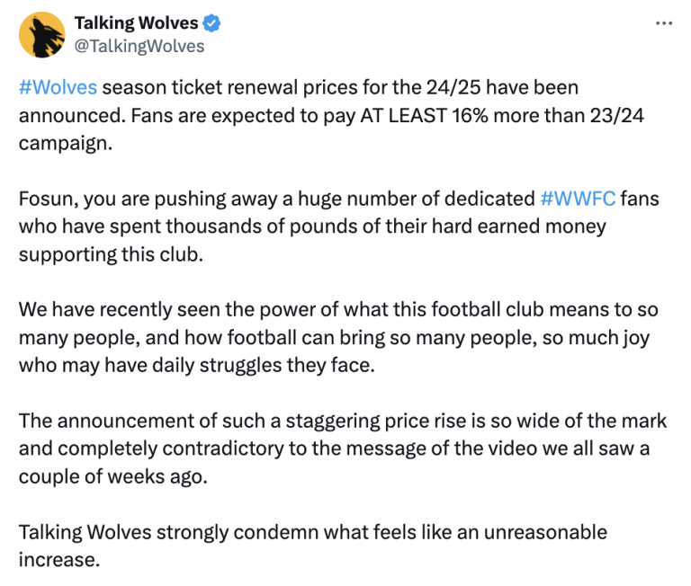 Wolves fans fume at outrageous major hike in season ticket prices for ...