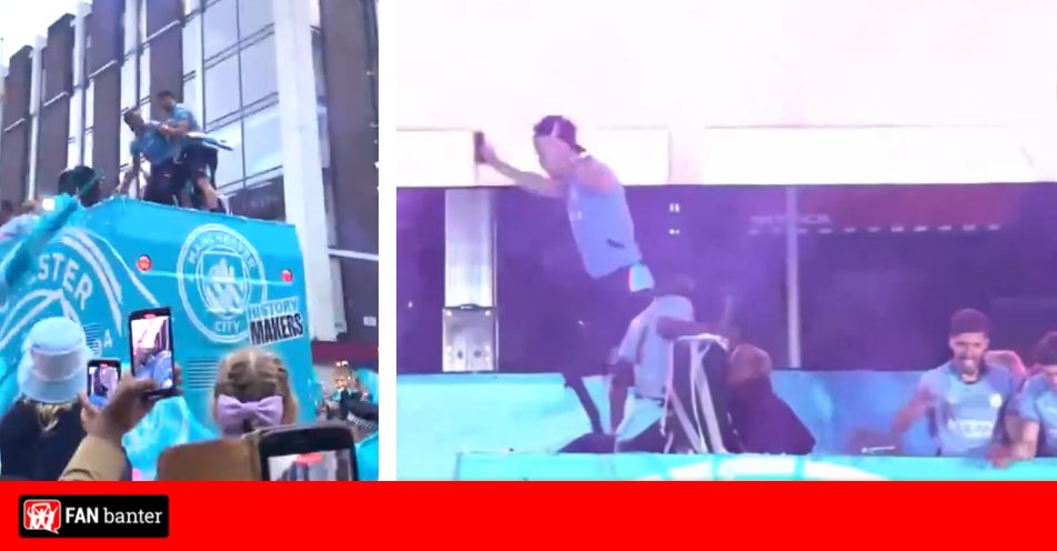 Teammates save Jack Grealish from falling off open top bus at Man City ...