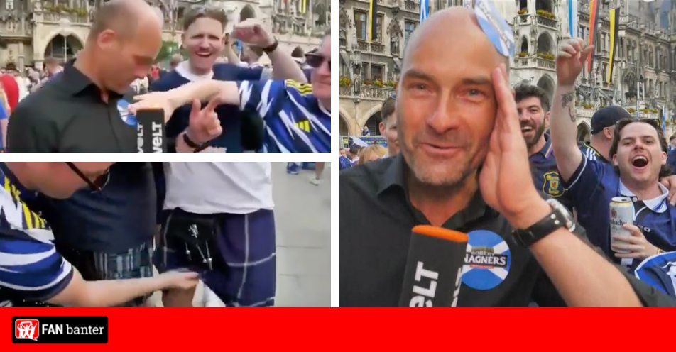 German TV reporter covers his eyes after Scotland fans lift up kilt to ...