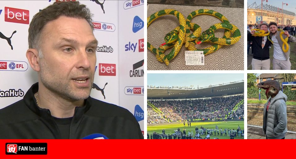 Derby boss John Eustace reacts to toy snakes waved at him and chants ...