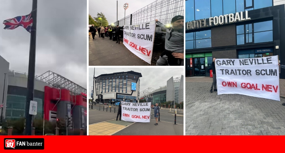 Protest banners and Union Jack on display outside Gary Neville's hotel ...