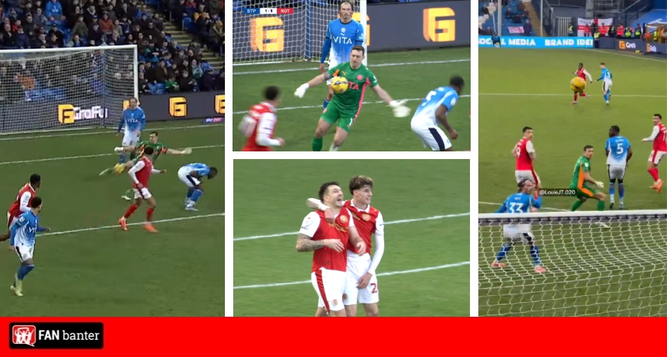 Stockport goalkeeper Ben Hinchcliffe smashes ball at teammate to score ...