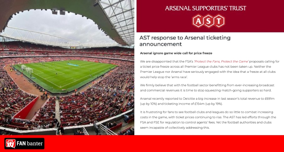 Arsenal Supporters' Trust angered at club raising season ticket prices ...